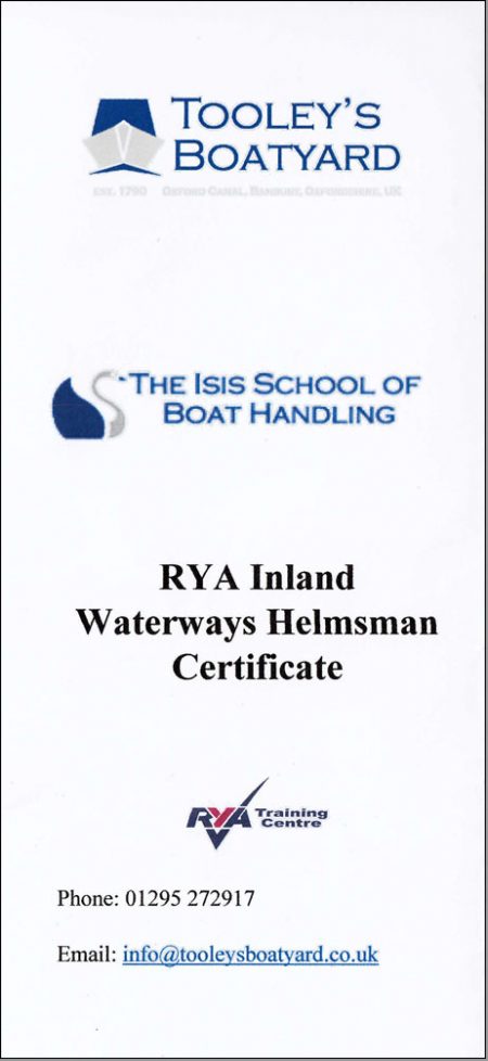 RYA Inland Waterways Helmsman Certificate - Tooley's Boatyard Limited